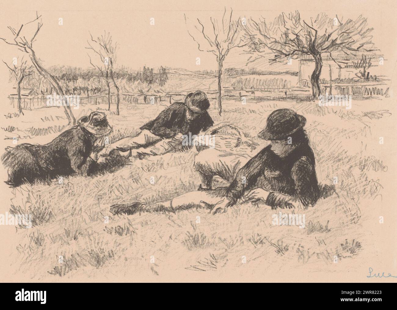 Three men rest in a meadow, print maker: Maximilien Luce, (signed by ...