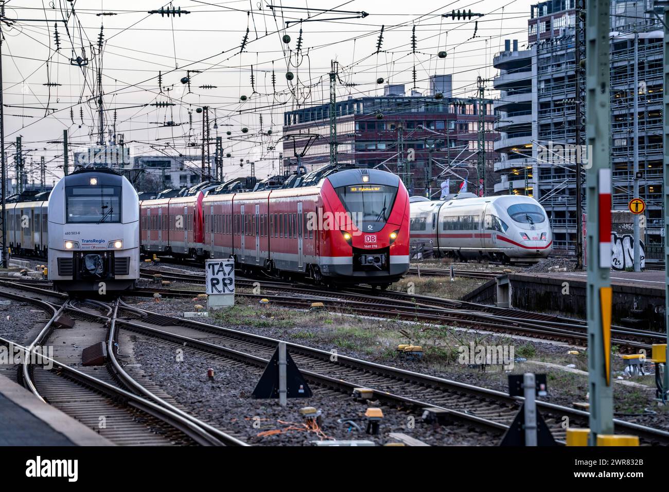 Track system in front of Cologne Central Station, regional trains, long ...