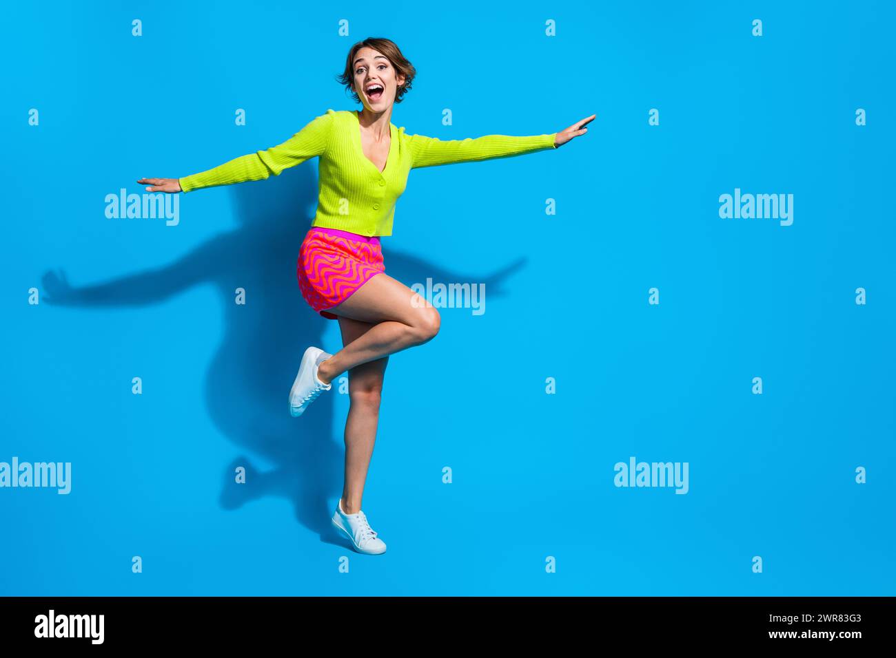 Full length body photo of flying careless in air lady arms wings ...