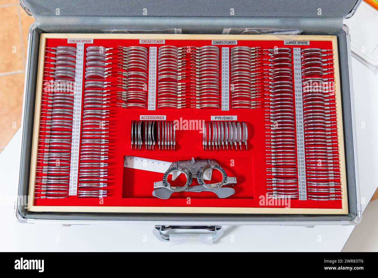 Special kit to check the vision status of patients, a red case with ...