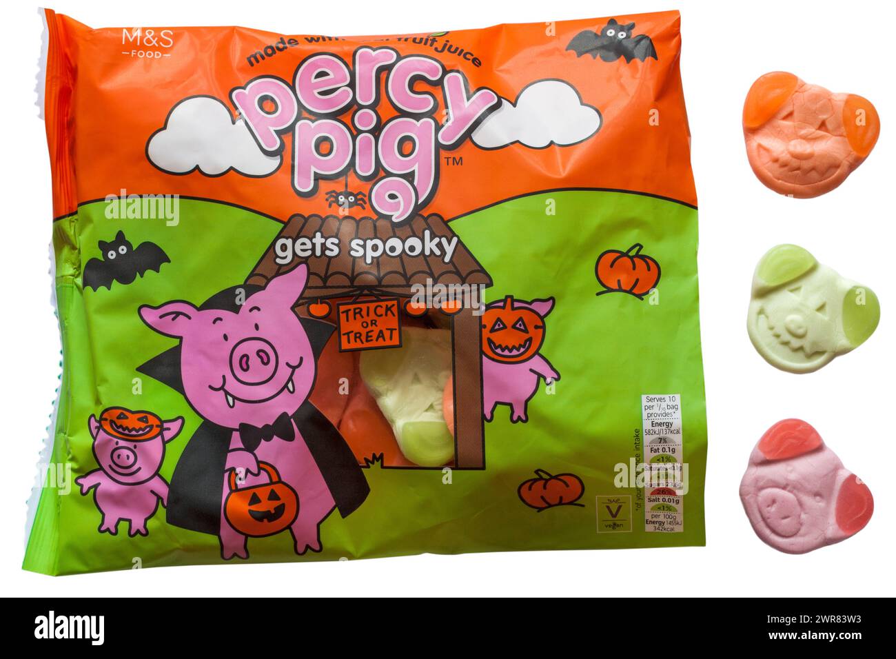 Packet of M&S Percy Pig gets spooky sweets made with real fruit juice for Halloween opened with ...