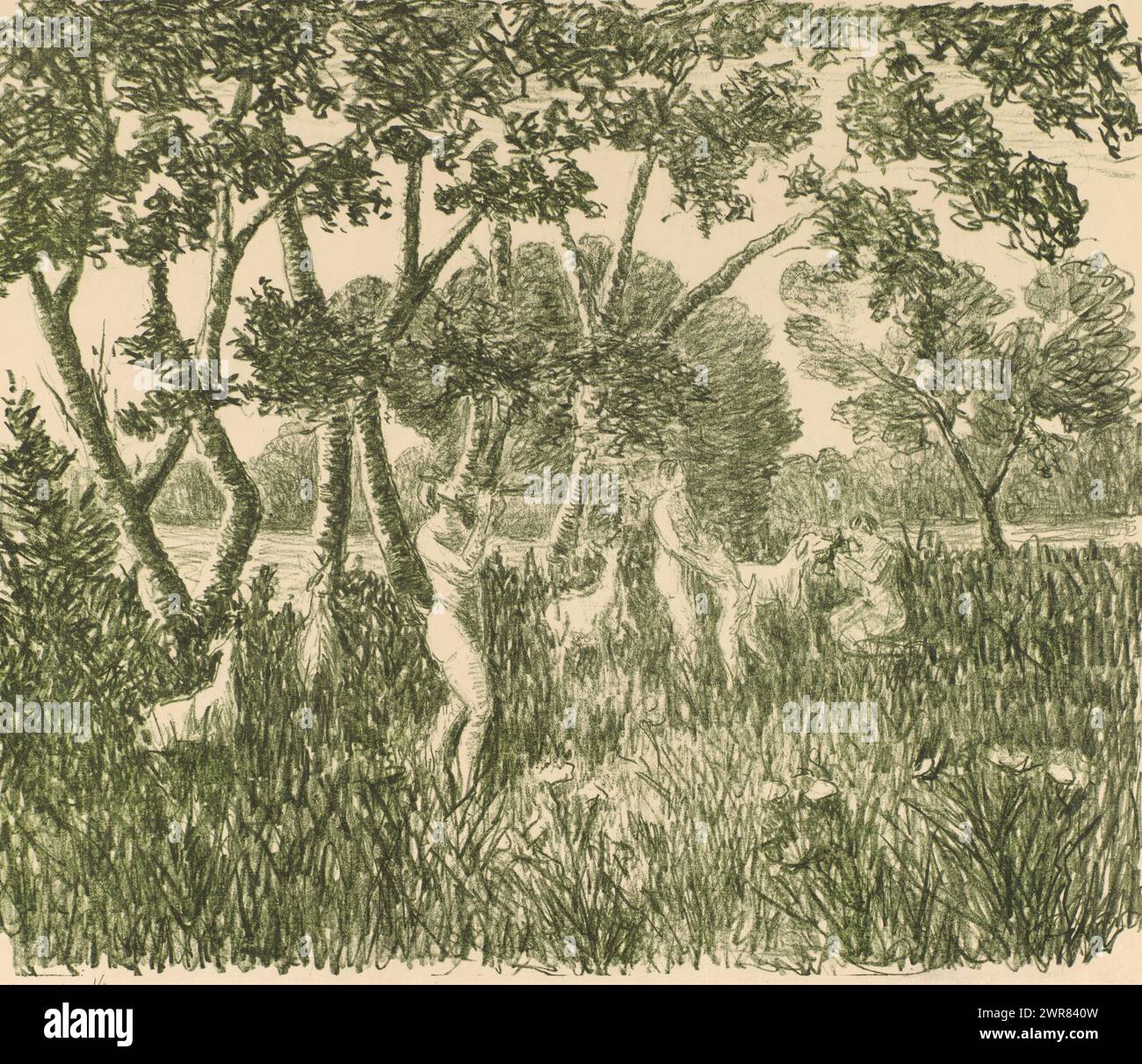 Pan with two human beings and animals in a landscape with scattered ...