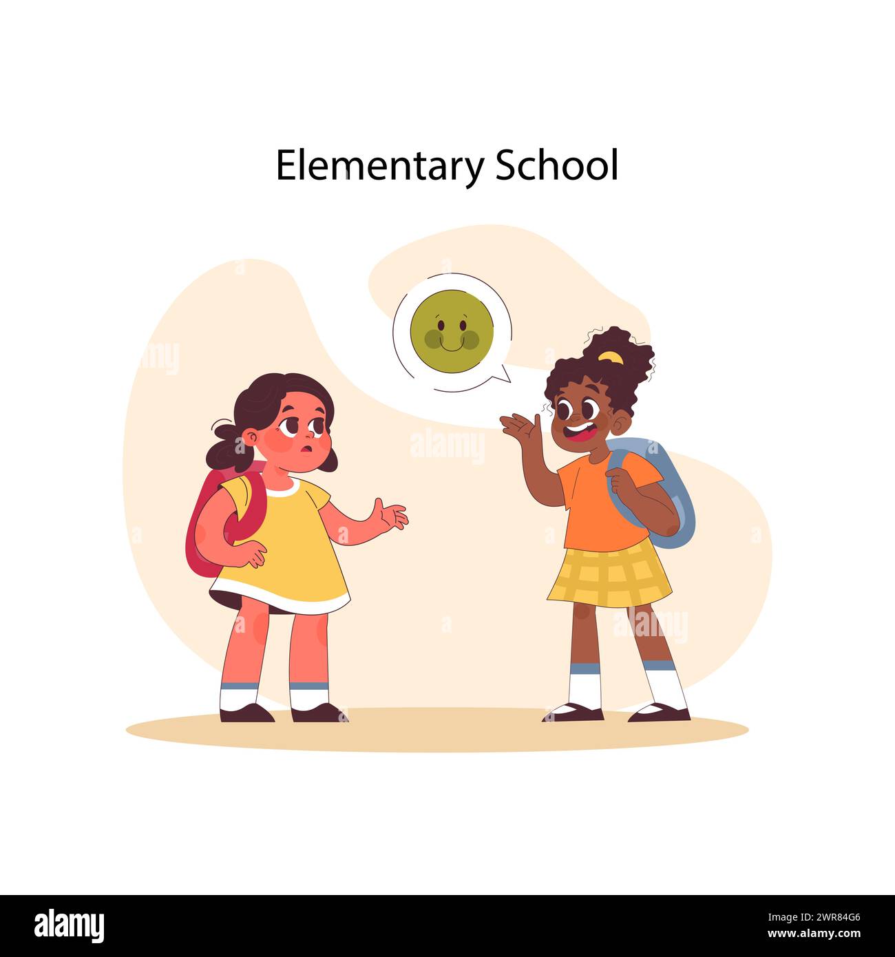 Elementary school concept. Two young diverse students chatting with joy ...