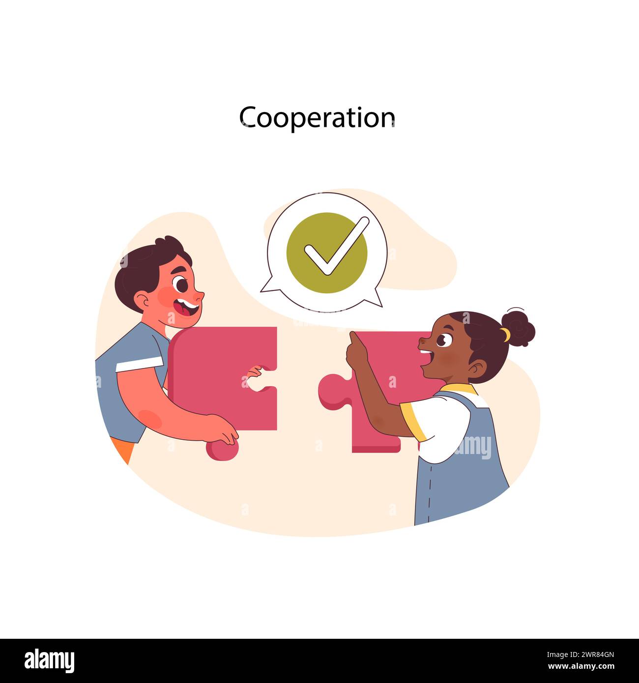 Cooperation concept. Two children joyfully connect puzzle pieces ...