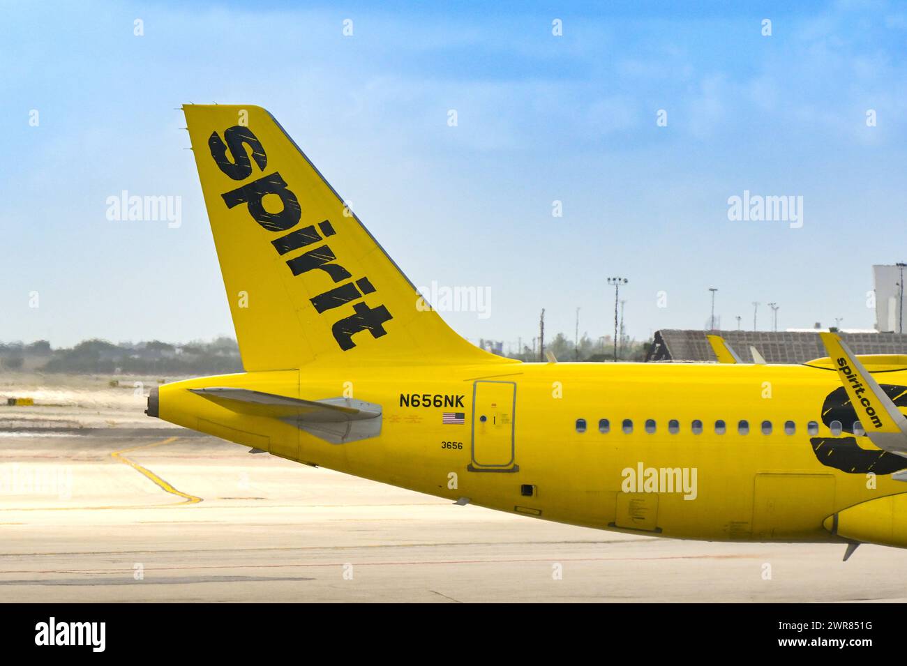 Miami, Florida, USA - 27 January 2024: Tail fin of an aircraft ...
