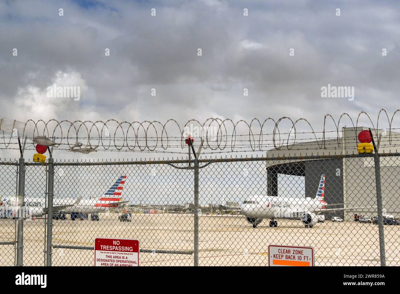 Miami, Florida, USA - 27 January 2024: Coils of razor wire on the ...
