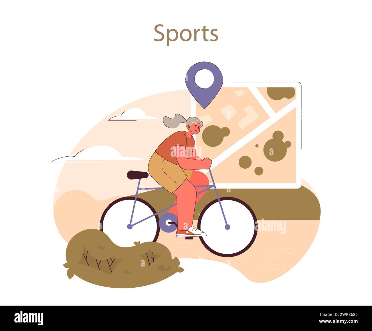 Retirees' Activities concept. Active senior woman enjoys cycling in nature. Navigating through ...