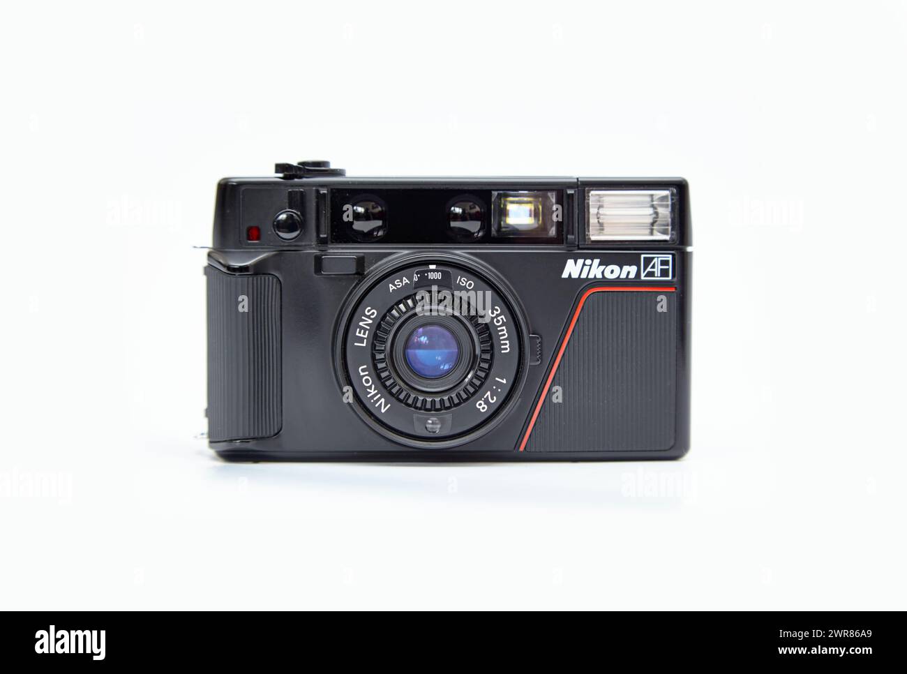 Nikon AF film camera with fixed 35mm F/2.8 lens on white background ...