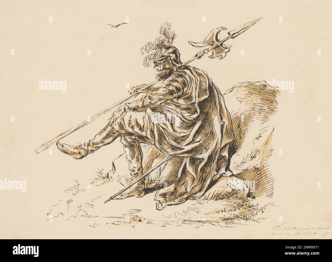Seated warrior with halberd, print maker: Alexander Ver Huell ...