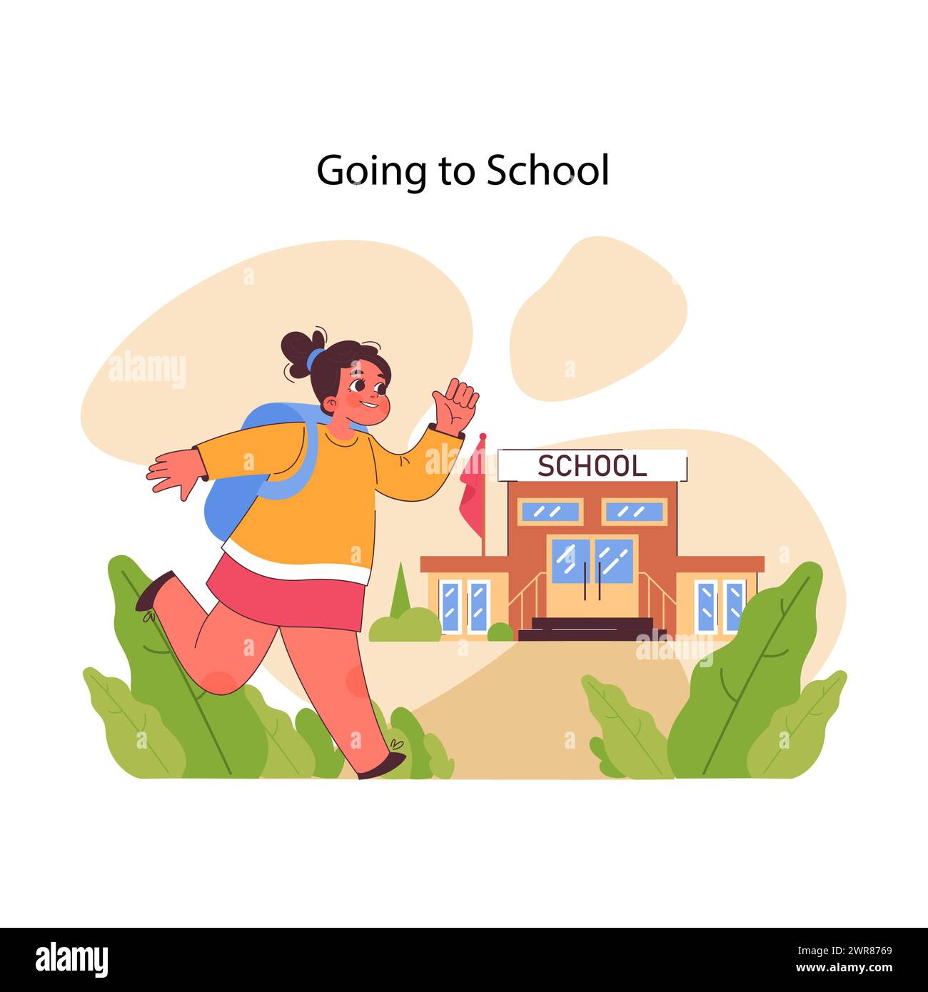 Going to school concept. Eager young girl, backpack on, dashes towards ...