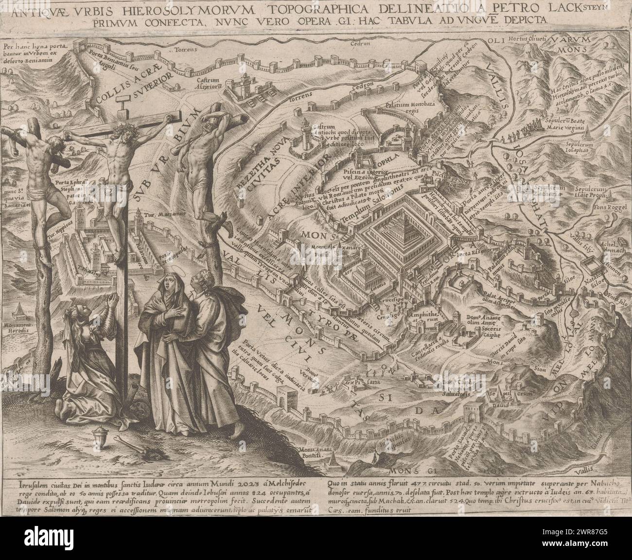 Bird's-eye view of ancient Jerusalem with the crucifixion of Christ on ...