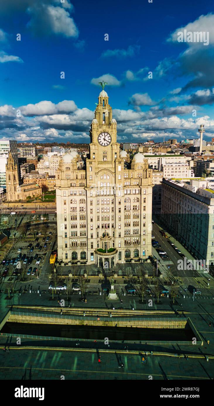 Aerial view of the historic Royal Liver Building in Liverpool, UK, with ...