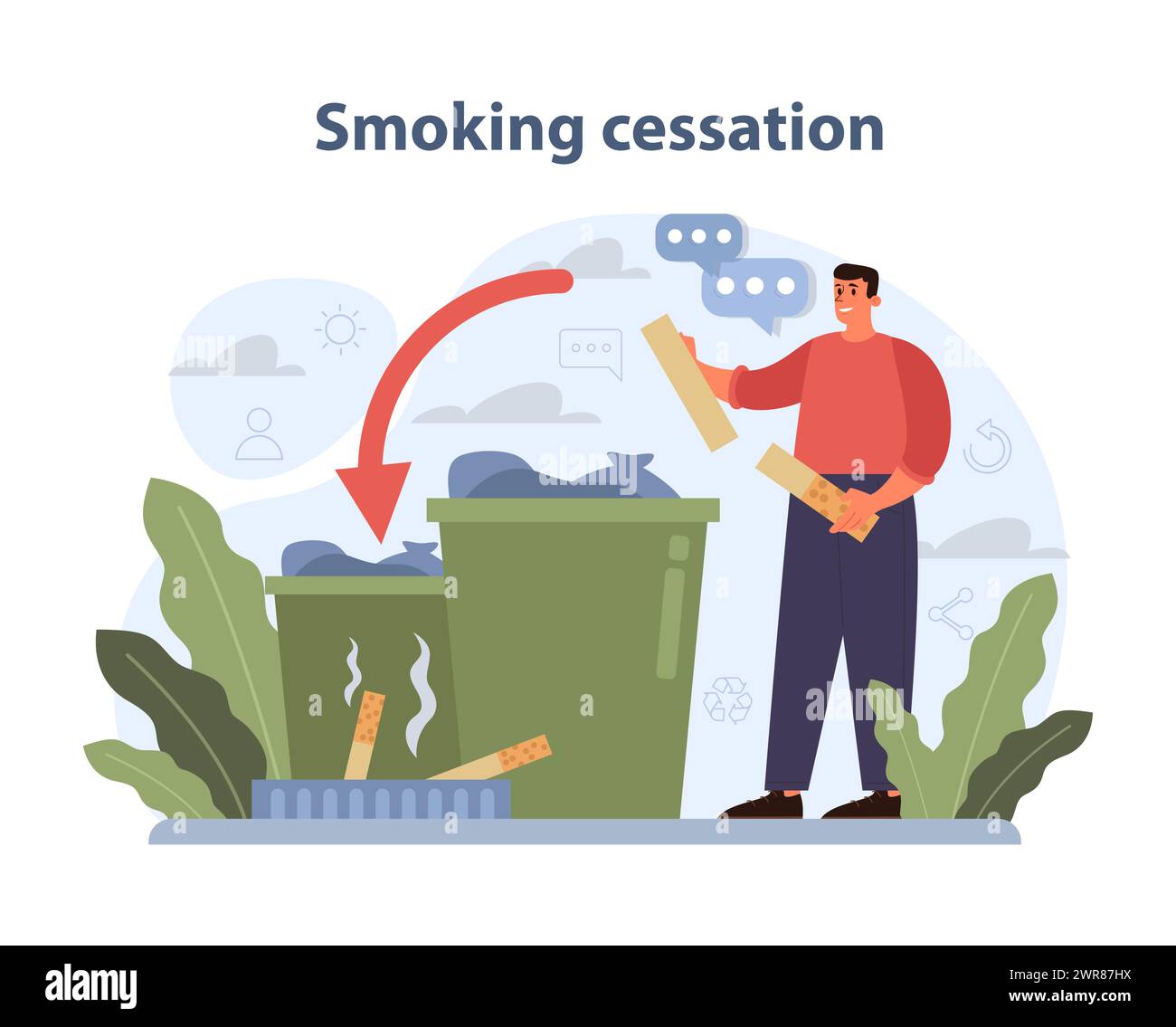 Smoking Cessation illustration. An individual discards cigarettes ...