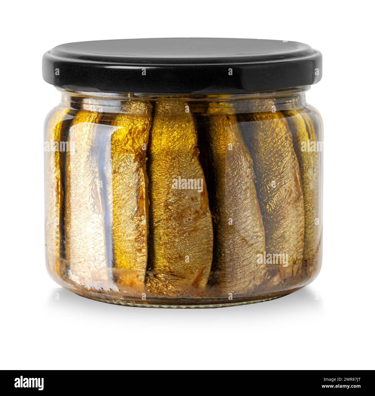 Sardines with oil conserved in glass jar isolated on the white ...