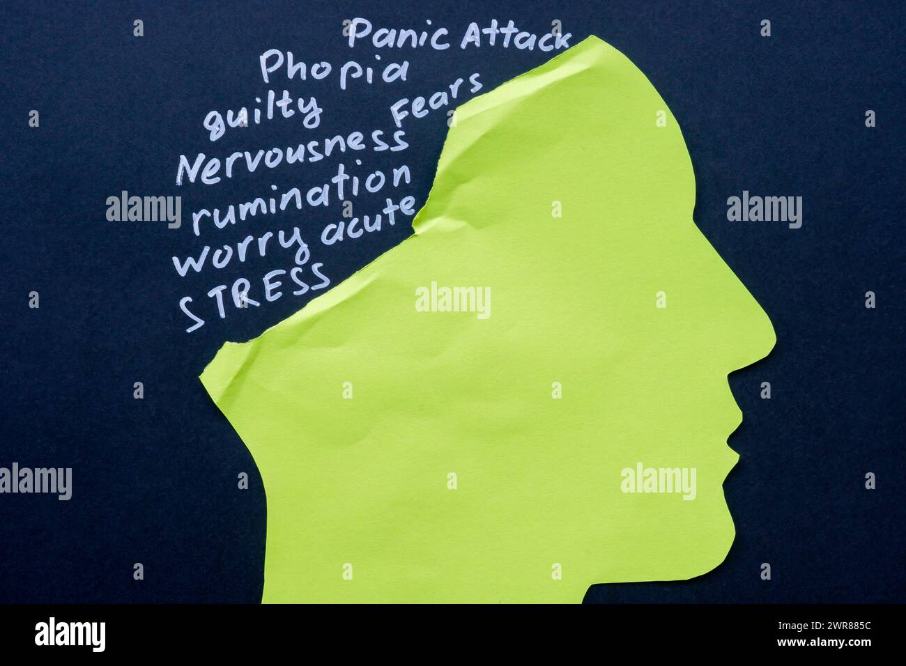 Torn part of a paper head and words as a symbol of depression, stress ...