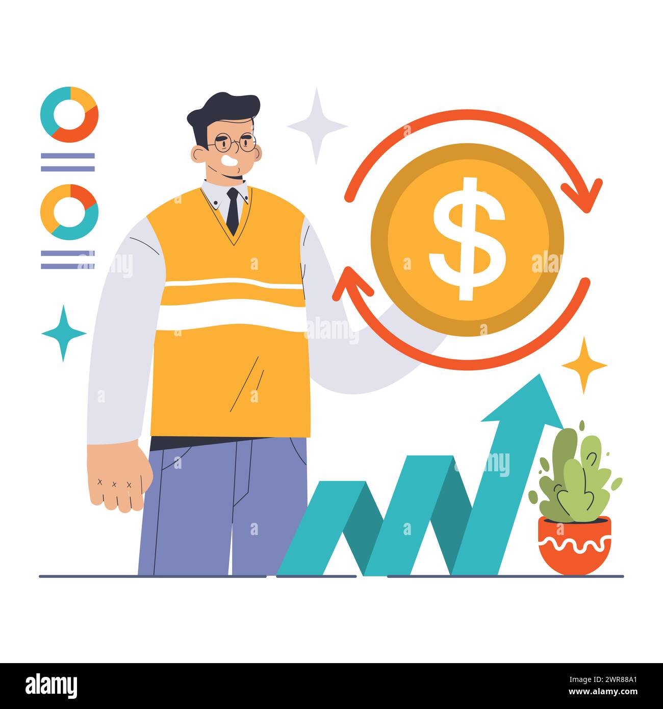 Reinvestment concept. Businessman observes financial growth, directing ...