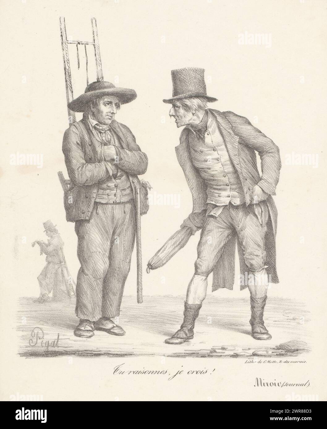 Old man lunges at younger man, Tu raisonnes, je crois! (title on object ...
