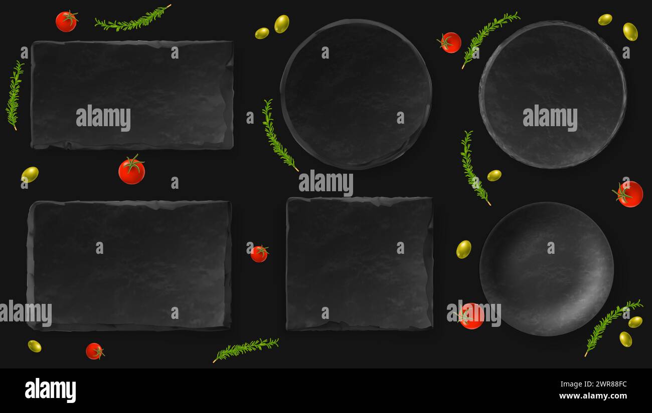 Natural slate plate mockup collection. Top view stone dishes and bowl ...