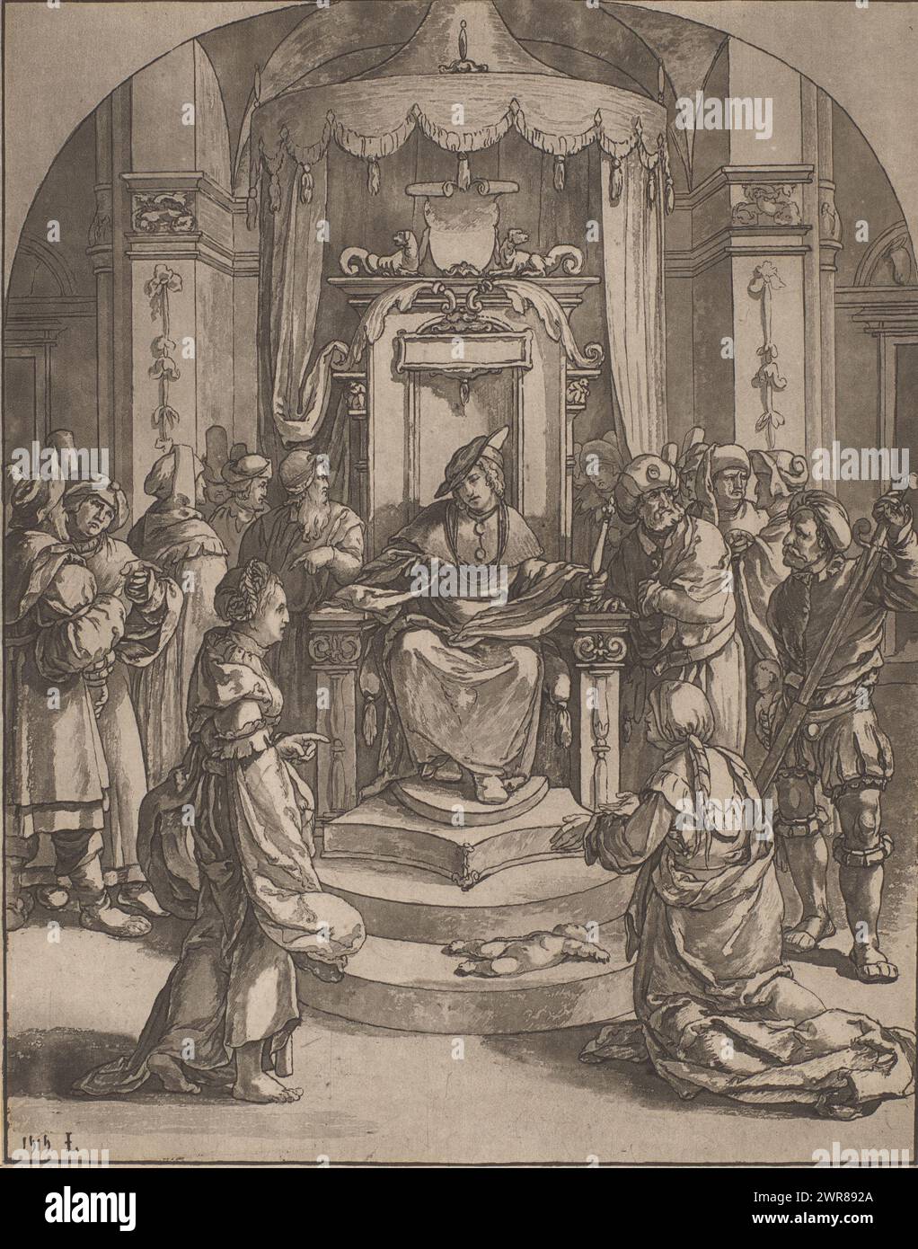 Judgment of Solomon, King Solomon sits on his throne and passes ...