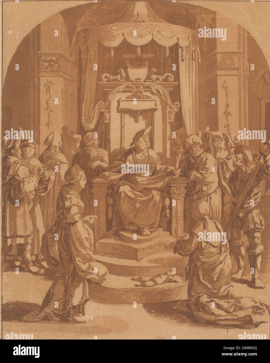 Judgment of Solomon, King Solomon sits on his throne and passes ...