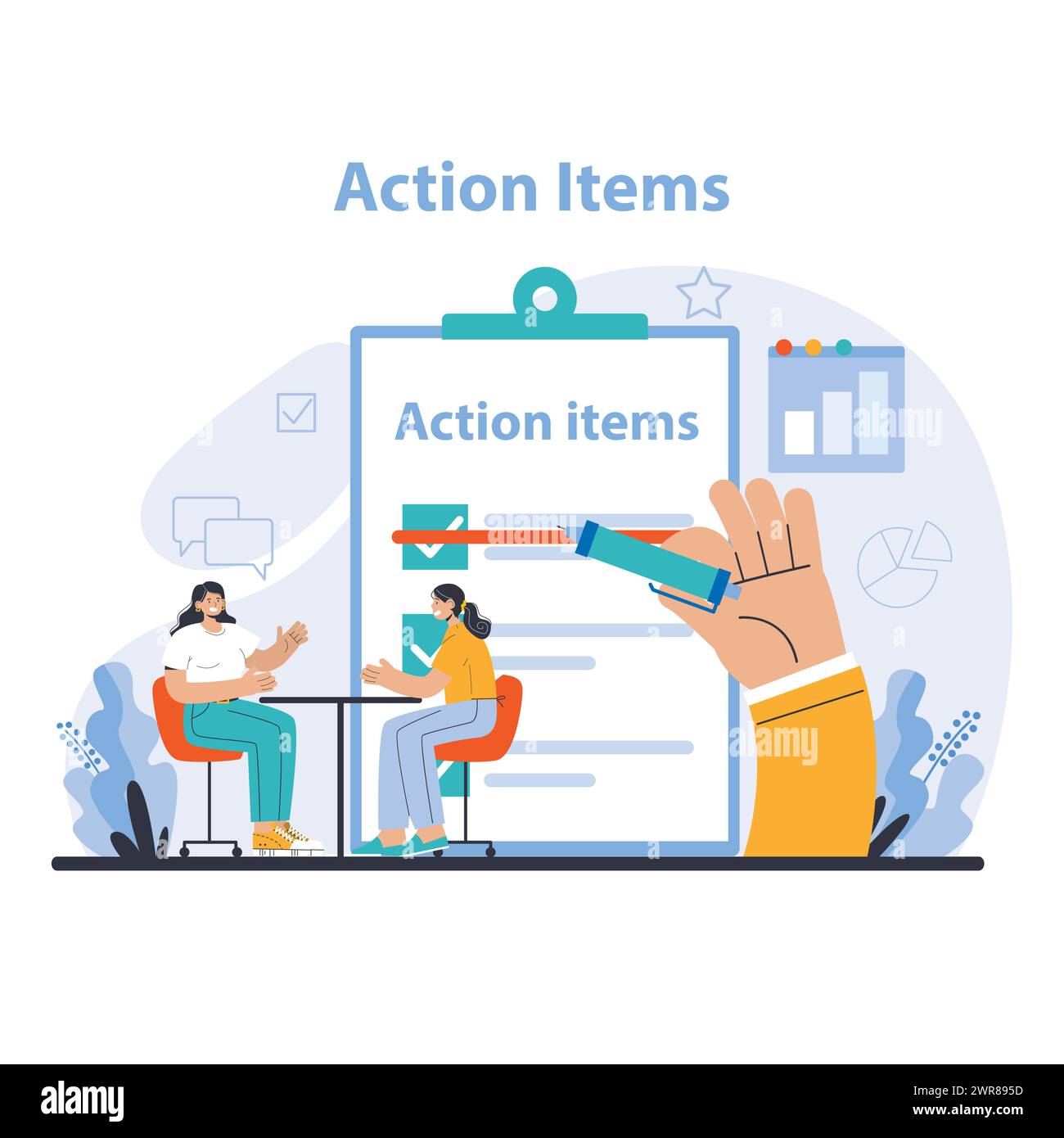 Action items concept. Prioritization and assignment of tasks in a team meeting. Clear objectives ...