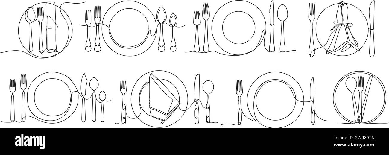 Continuous one line served plate. Minimalist plates, forks, knives and ...