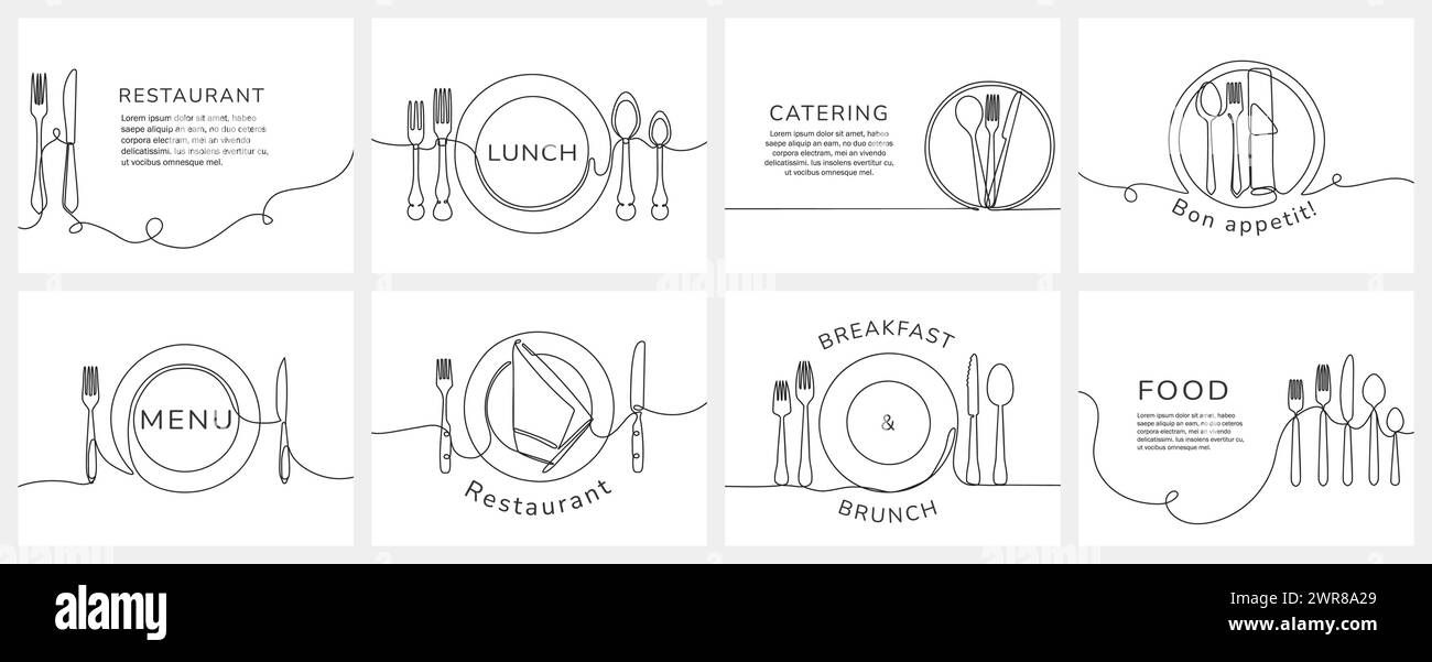 Continuous one line restaurant banners. Table settings with text space ...