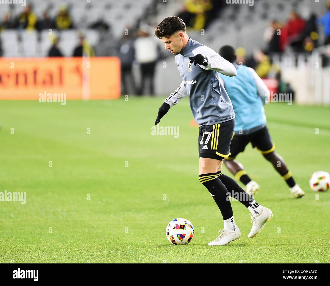 March 9, 2024: Columbus Crew forward Max Arfsten (27) handles the ball ...
