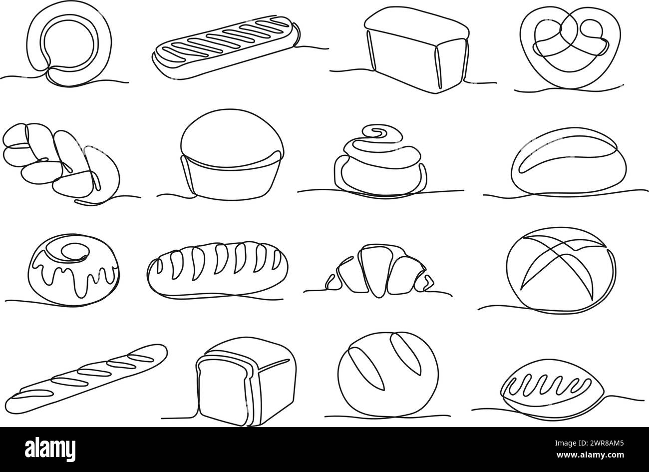 Continuous one line bakery products. Hand drawn baked goods, minimalist ...