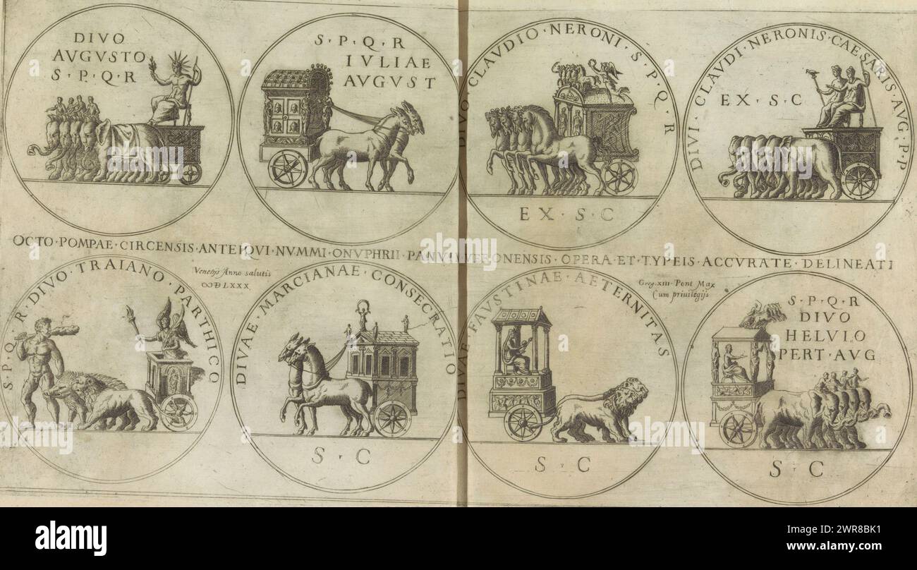 Eight tokens with triumphal chariots, Two rows of four tokens with ...