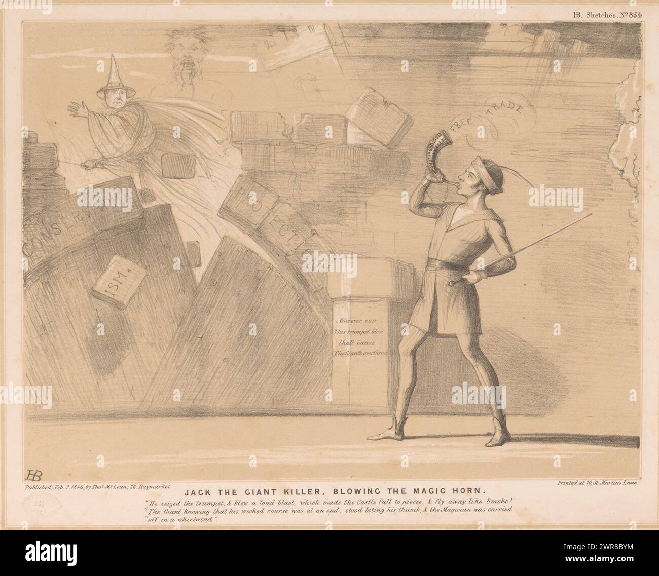 Cartoon with John Russell, Jack the giant killer, blowing the magic ...