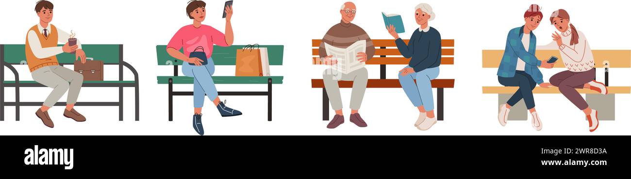 Cartoon people on bench. Leisure activities on park benches, urban ...