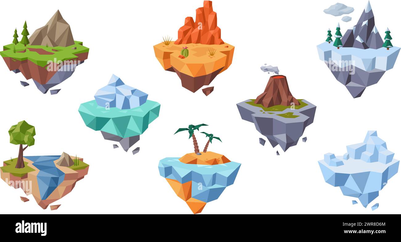 Low poly flying island. Floating landforms with various natural ...