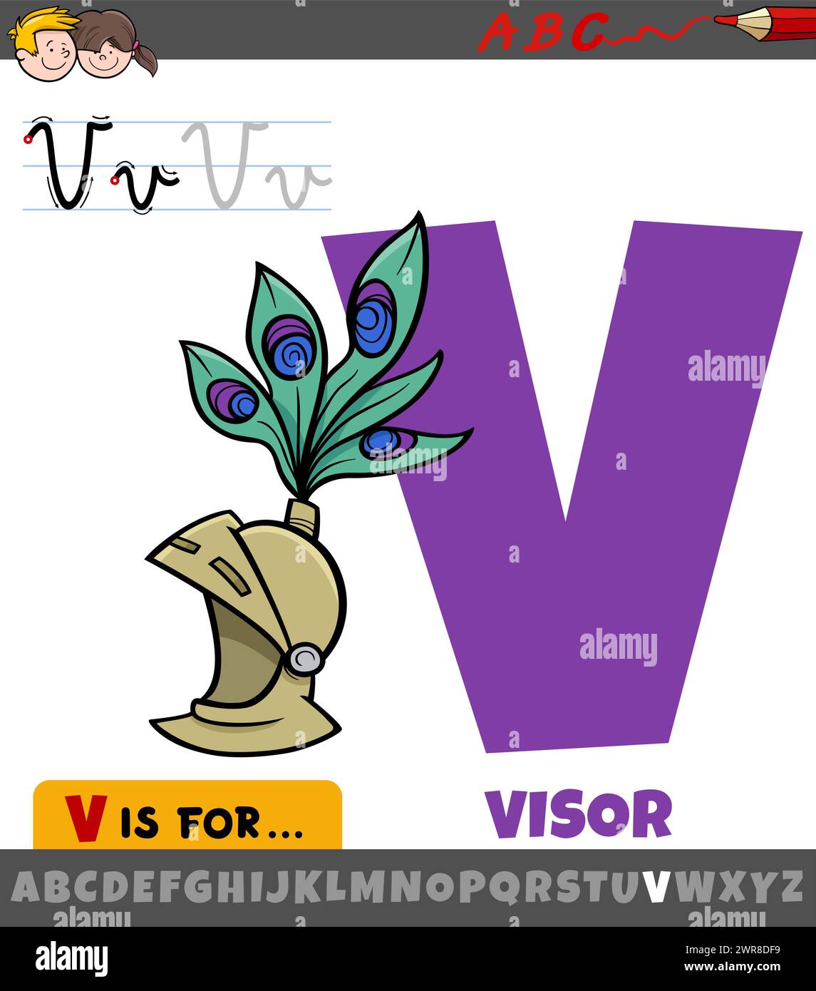 Educational cartoon illustration of letter V from alphabet with visor ...