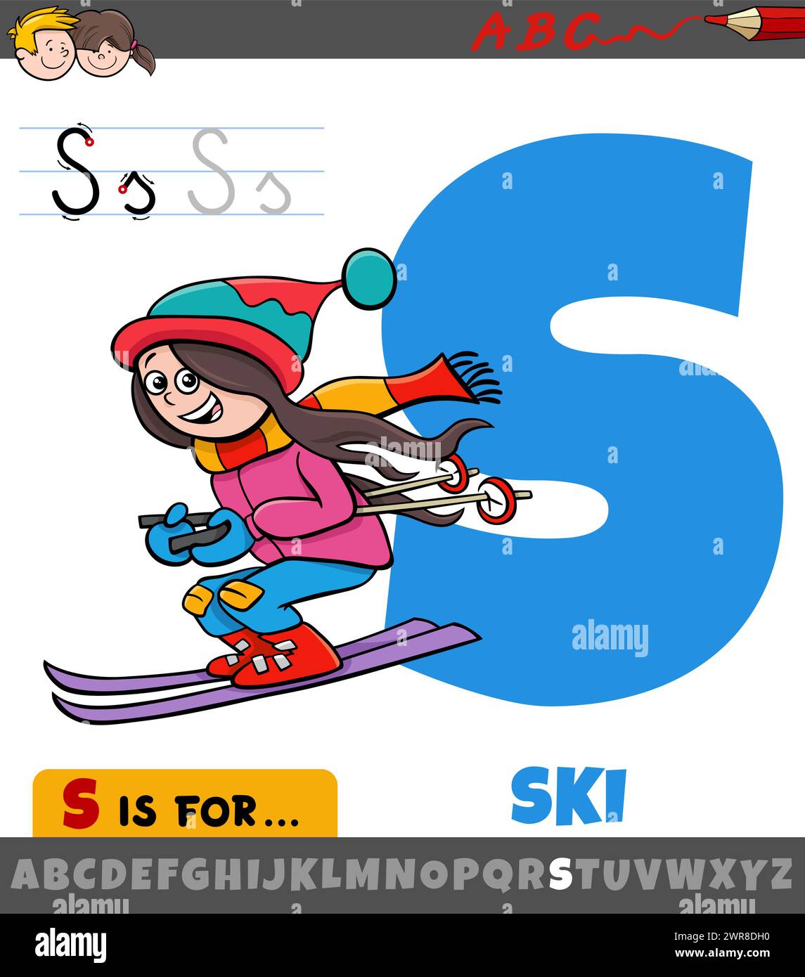 Educational cartoon illustration of letter S from alphabet with ski ...