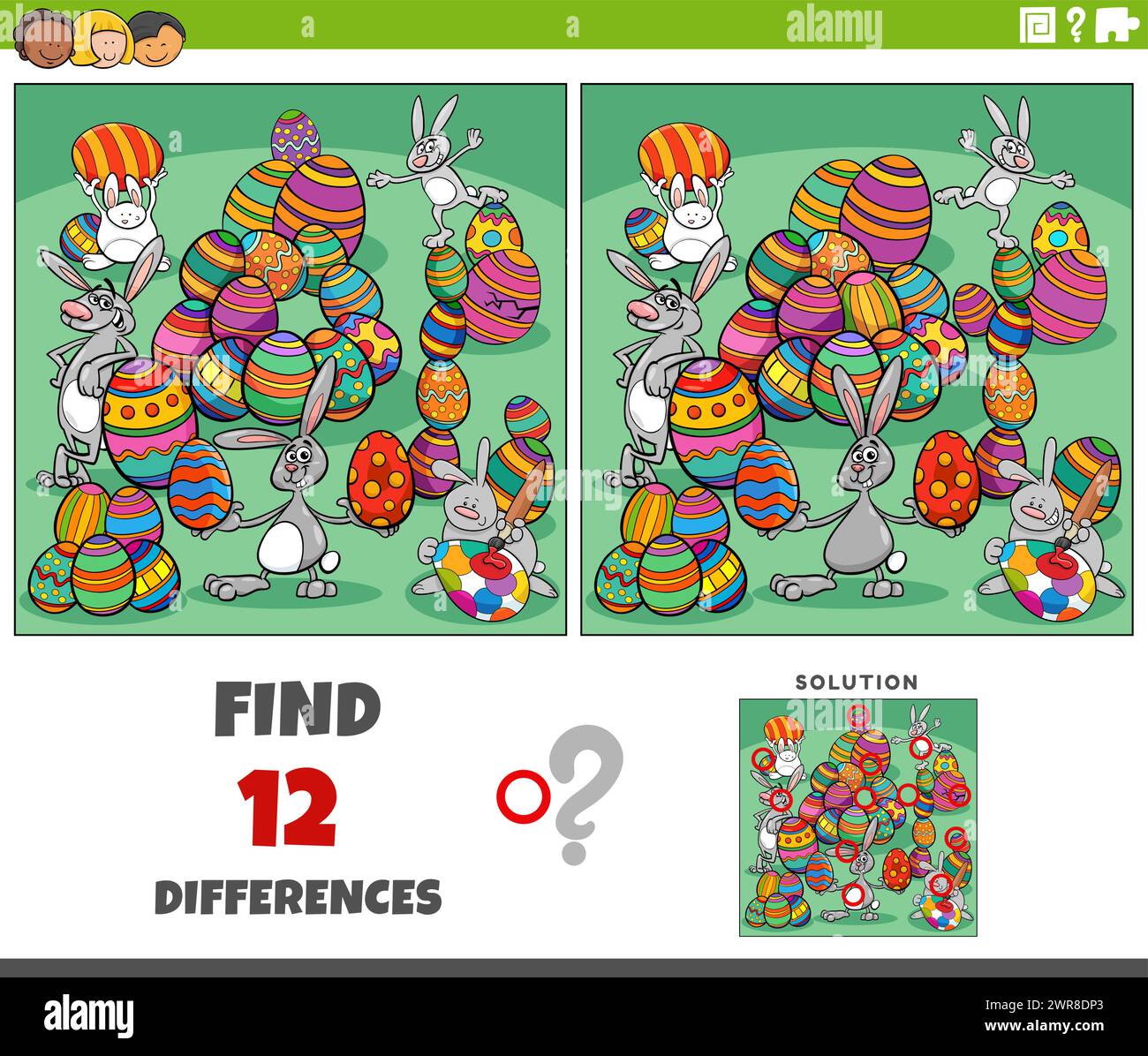 Cartoon illustration of finding the differences between pictures educational game with Easter ...