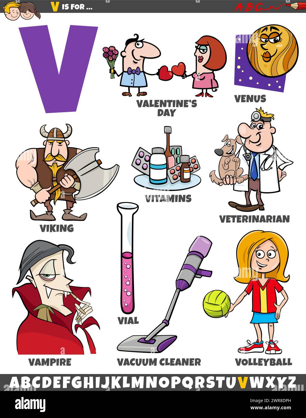 Cartoon illustration of objects and characters set for letter V Stock ...