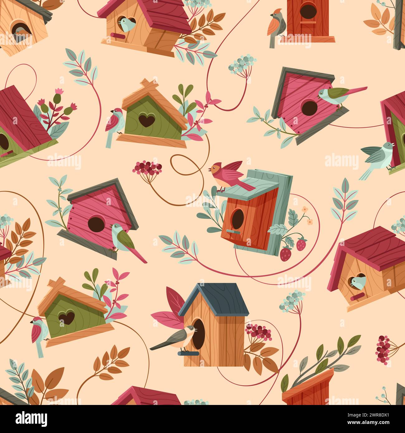 Cartoon bird houses pattern. Wooden bird homes with chirping birds and ...