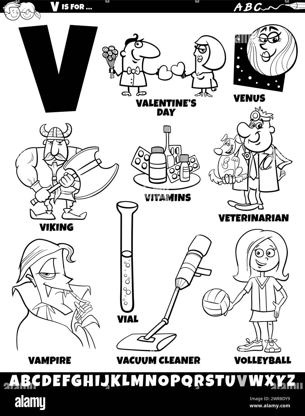 Cartoon illustration of objects and characters set for letter V ...
