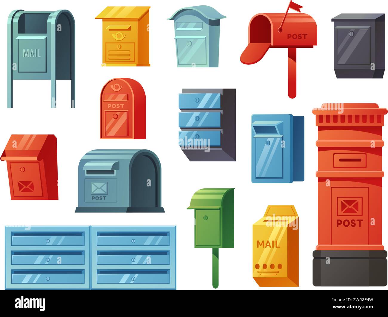 Cartoon postal mailboxes. Traditional curbside mailbox, wall mounted ...