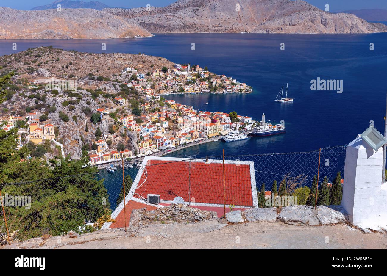 View of the old traditional Greek village Symi from the mountain ...