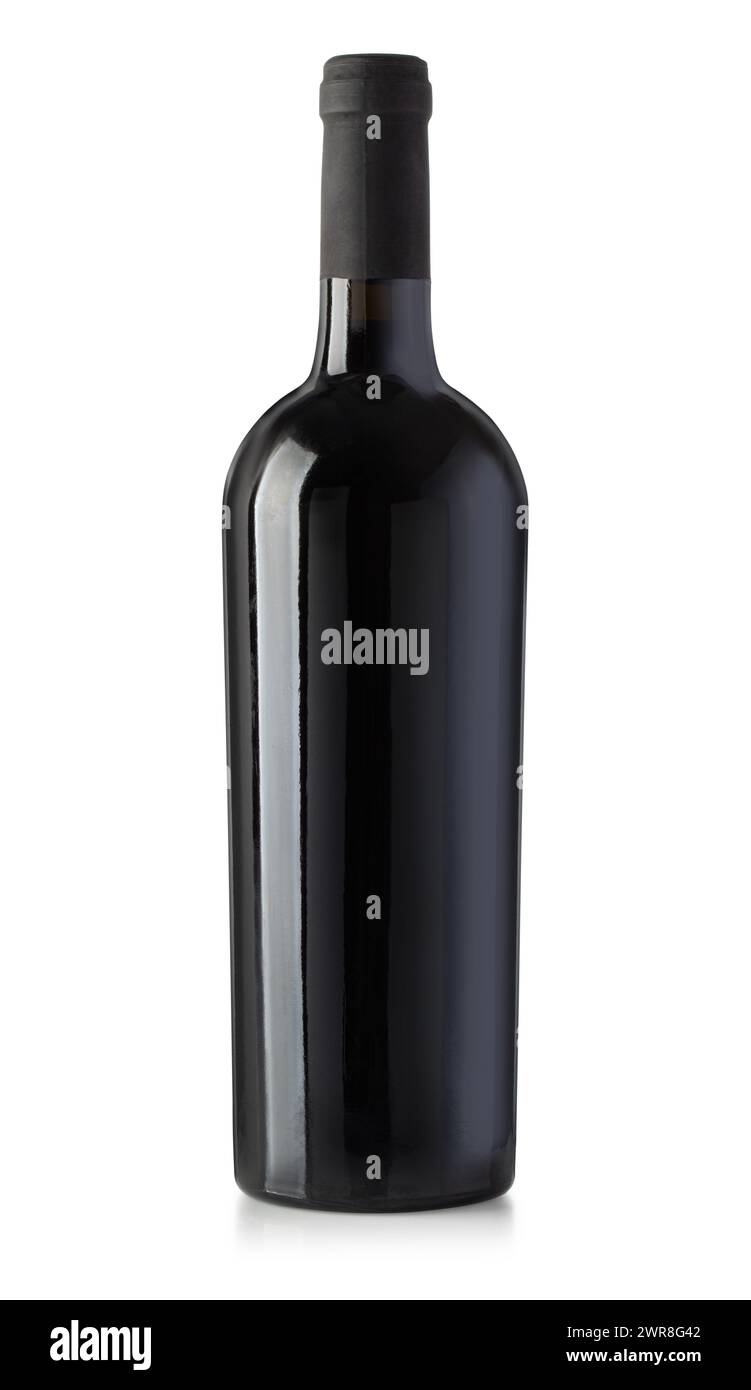 black wine bottle with red wine and black cap isolated on white ...