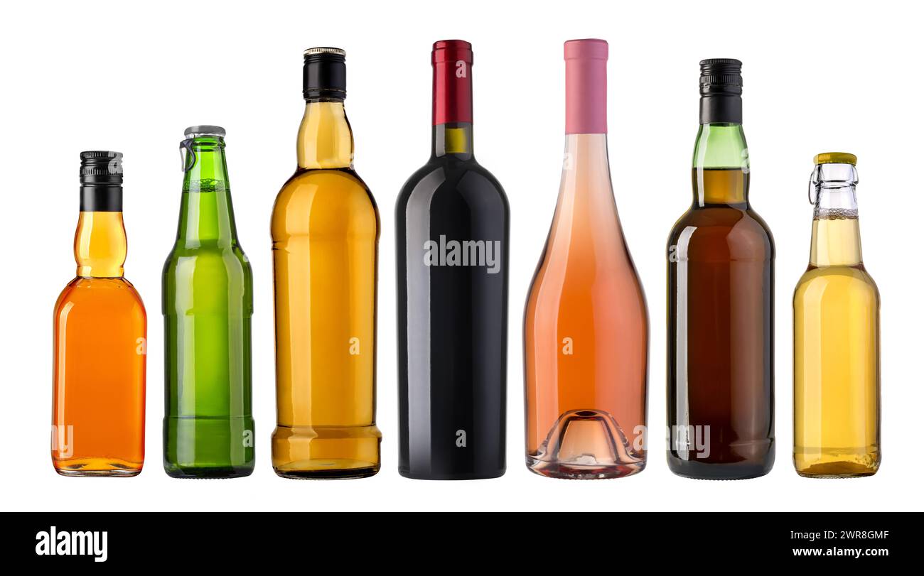 Set of bottles with different liquids on transparent background Stock ...