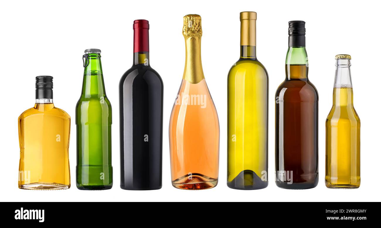 Set of bottles with different liquids on transparent background Stock ...