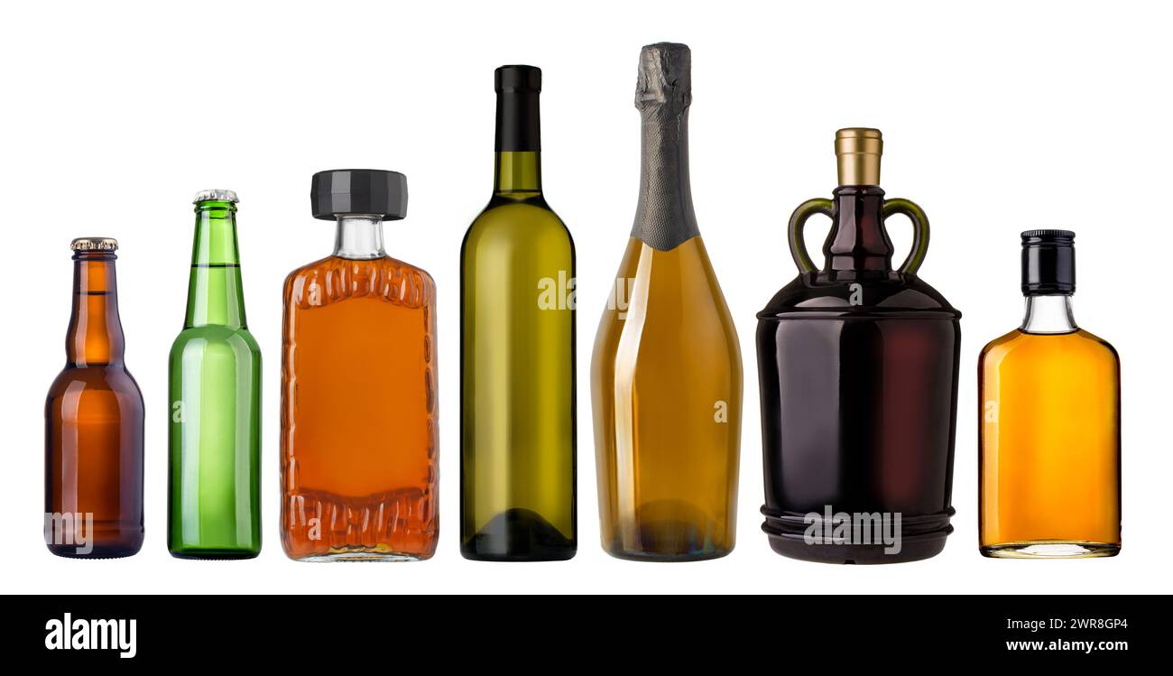 Set of bottles with different liquids on transparent background Stock ...