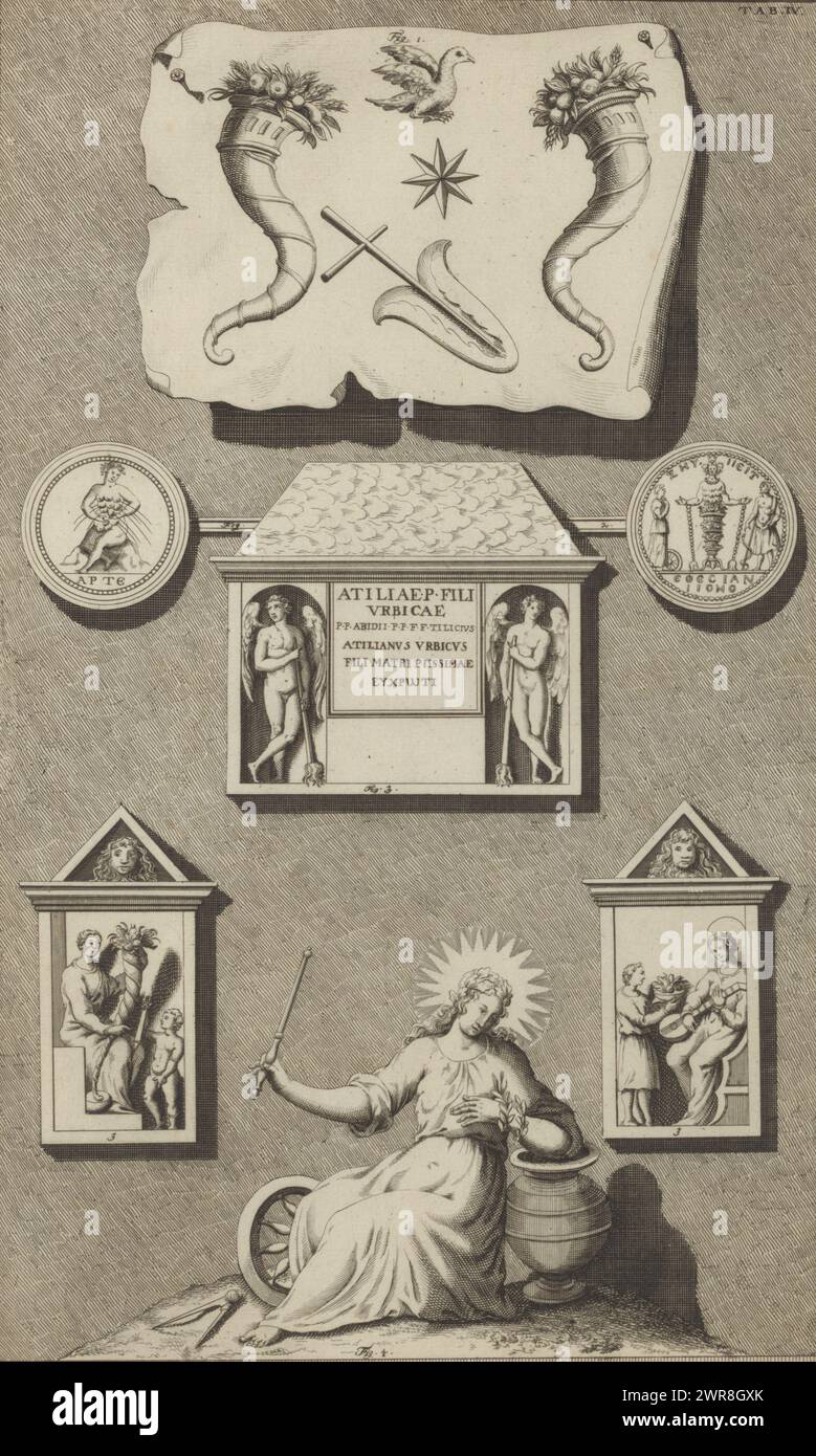 Composition with a leaf with cornucopia, house altars with Genii and ...