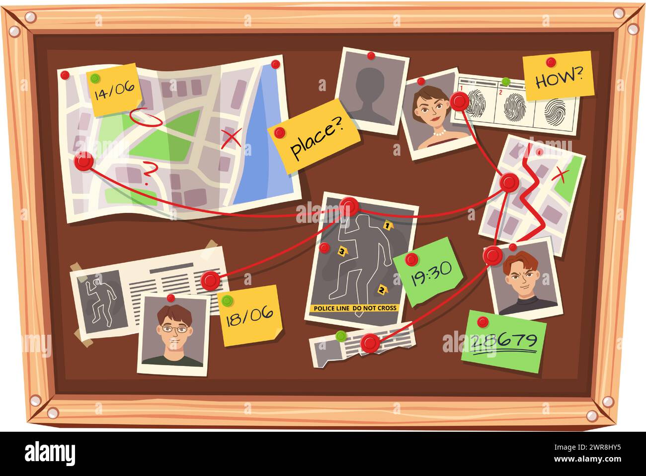 Detective board. Mystery investigation cork board with clues, marked ...