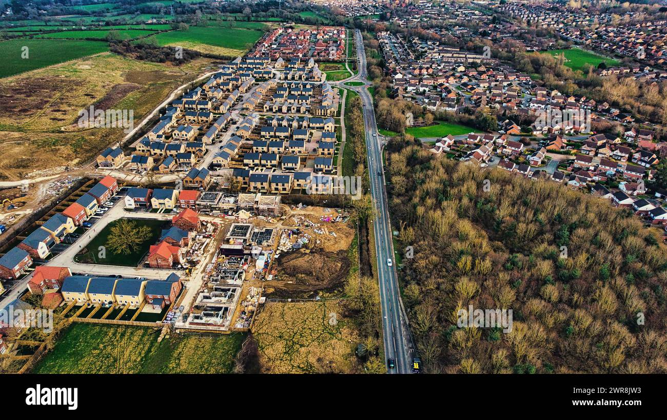 Aerial view of suburban housing development with new construction ...
