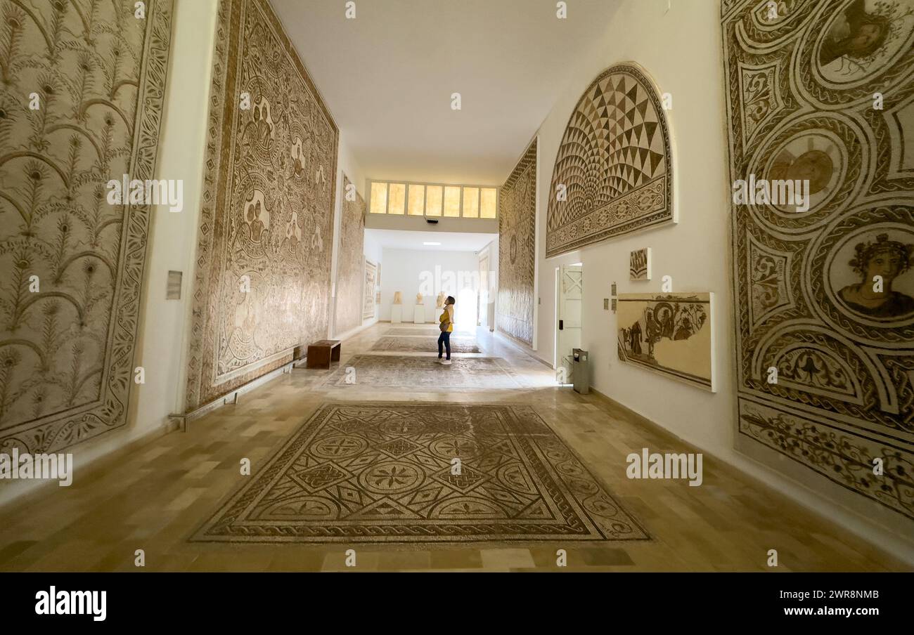 A visitor admires Roman mosaics on display inside the El Jem ...