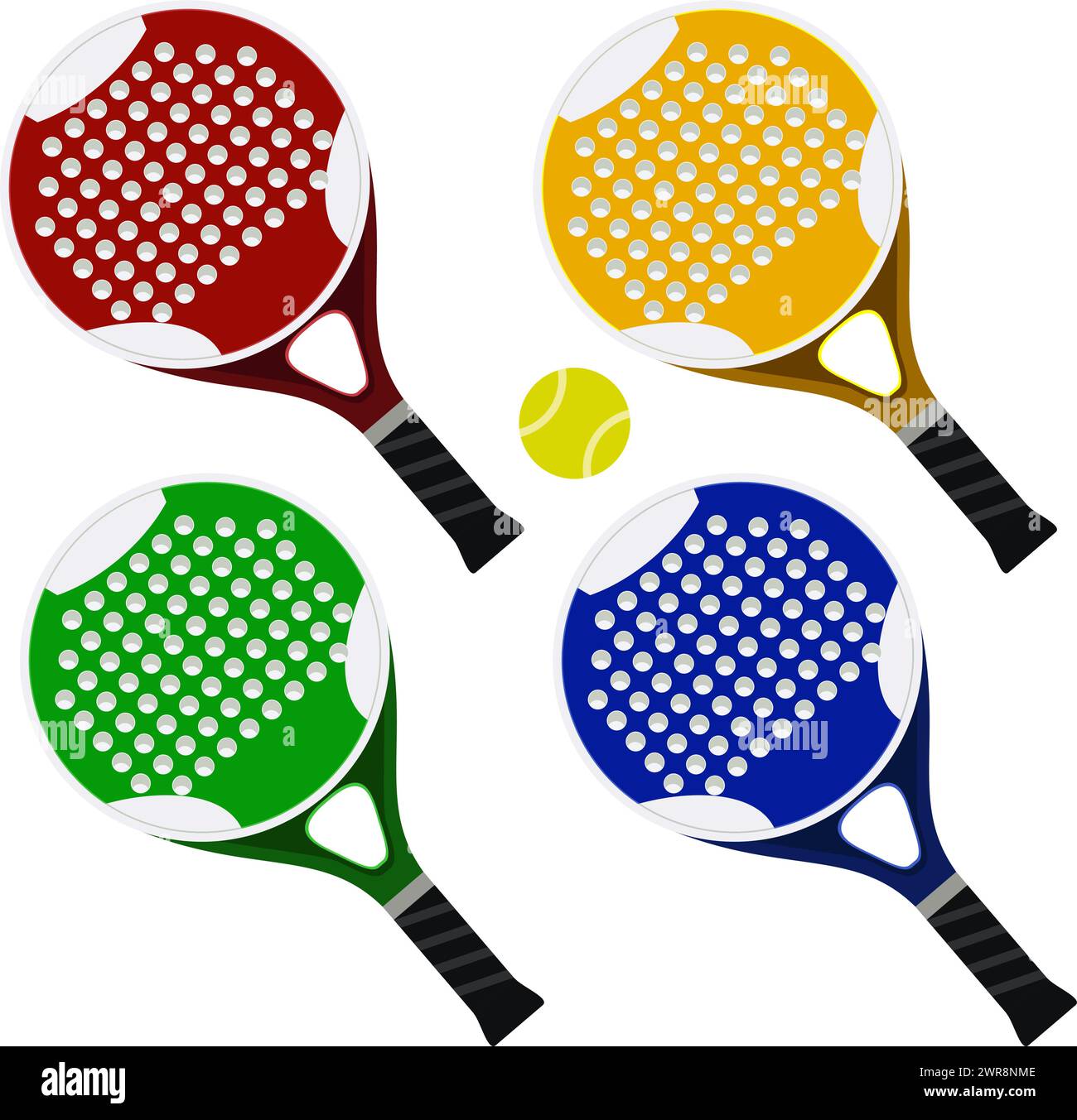 vector set of padel tennis rackets and a ball. colorful padel rackets ...
